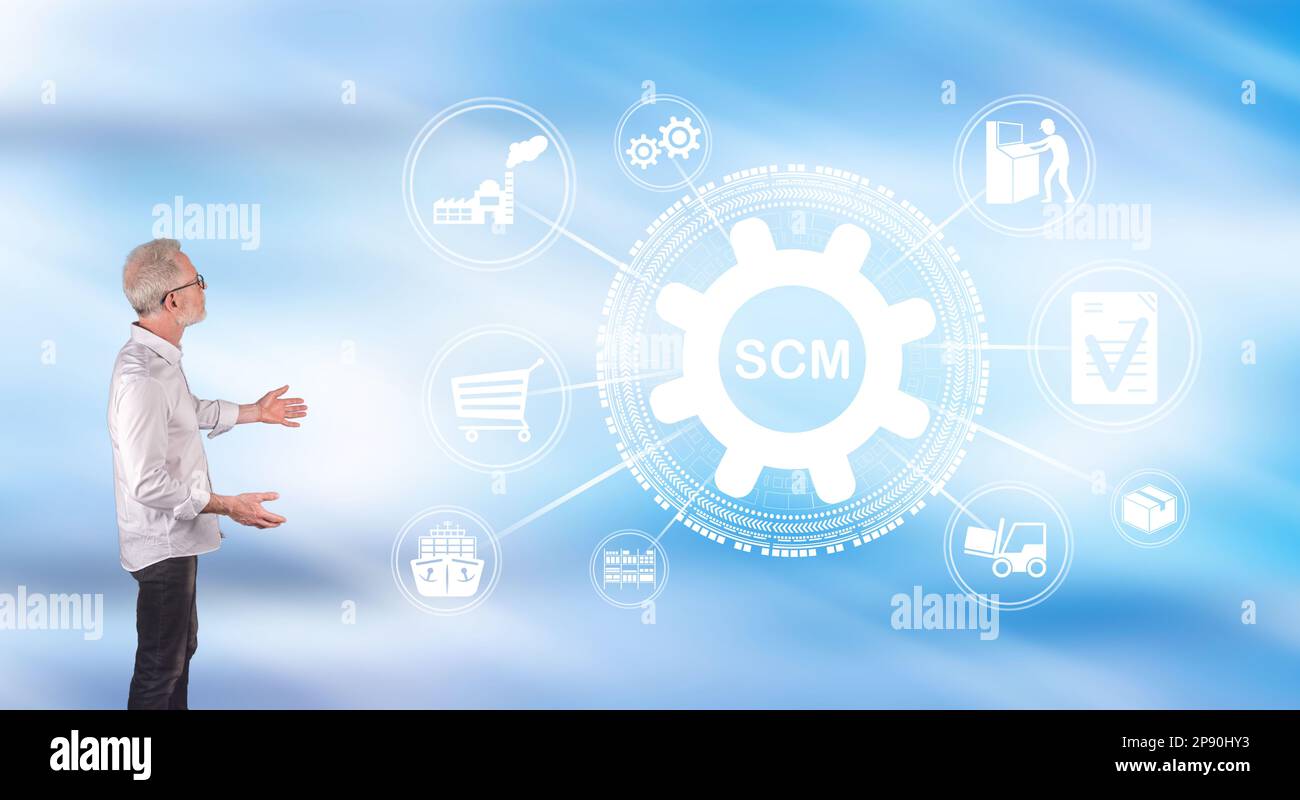 Businessman showing a scm concept on a wall screen Stock Photo - Alamy