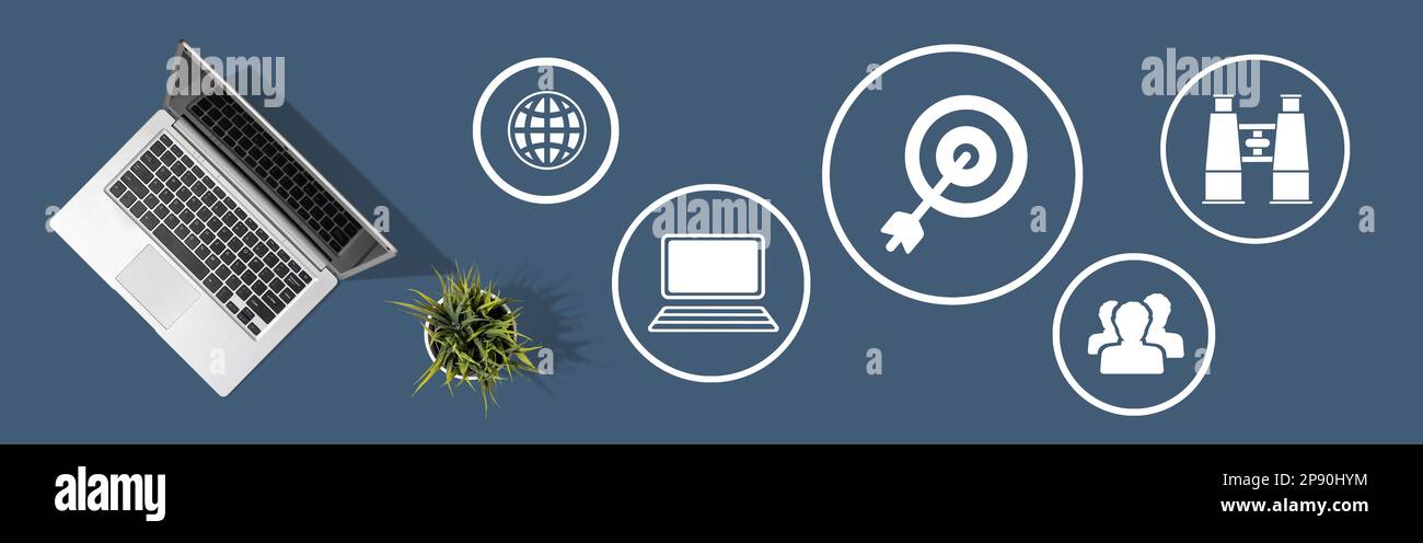 Top view of laptop with symbol of target marketing concept Stock Photo ...