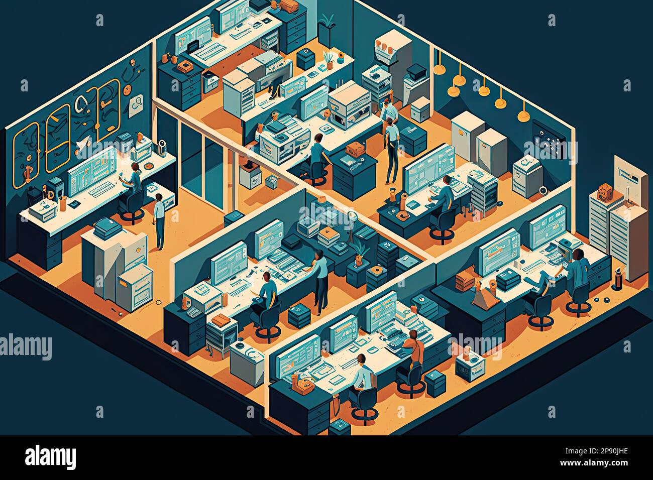 An isometric view of a modern office with a range of technology and ...