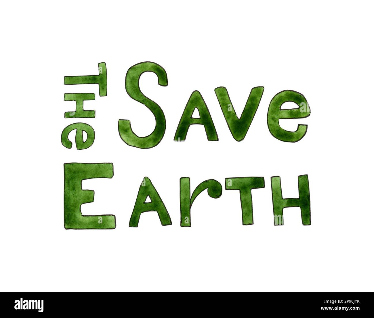 Watercolor illustration lettering green save the planet. Ecological ...