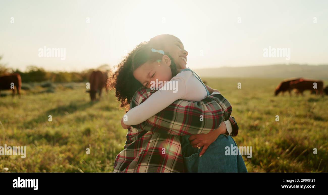 Agriculture, cows and mother hug child for sustainability farming ...