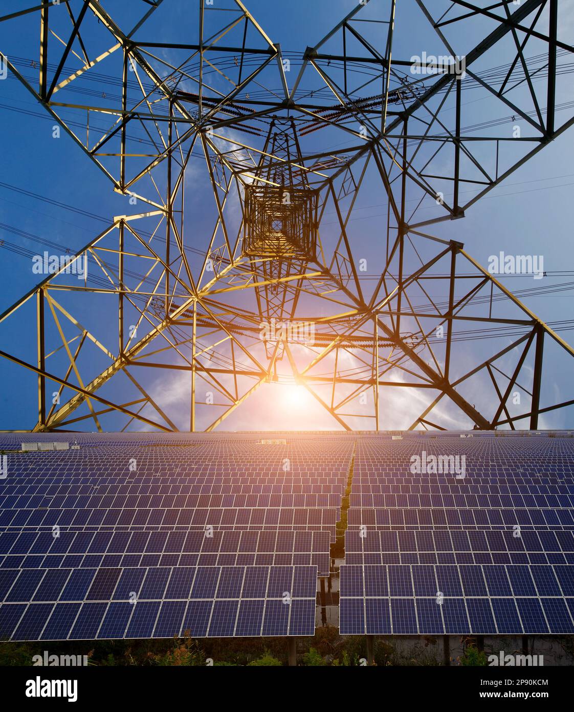 Solar panels and pylon, green environmental protection Stock Photo - Alamy