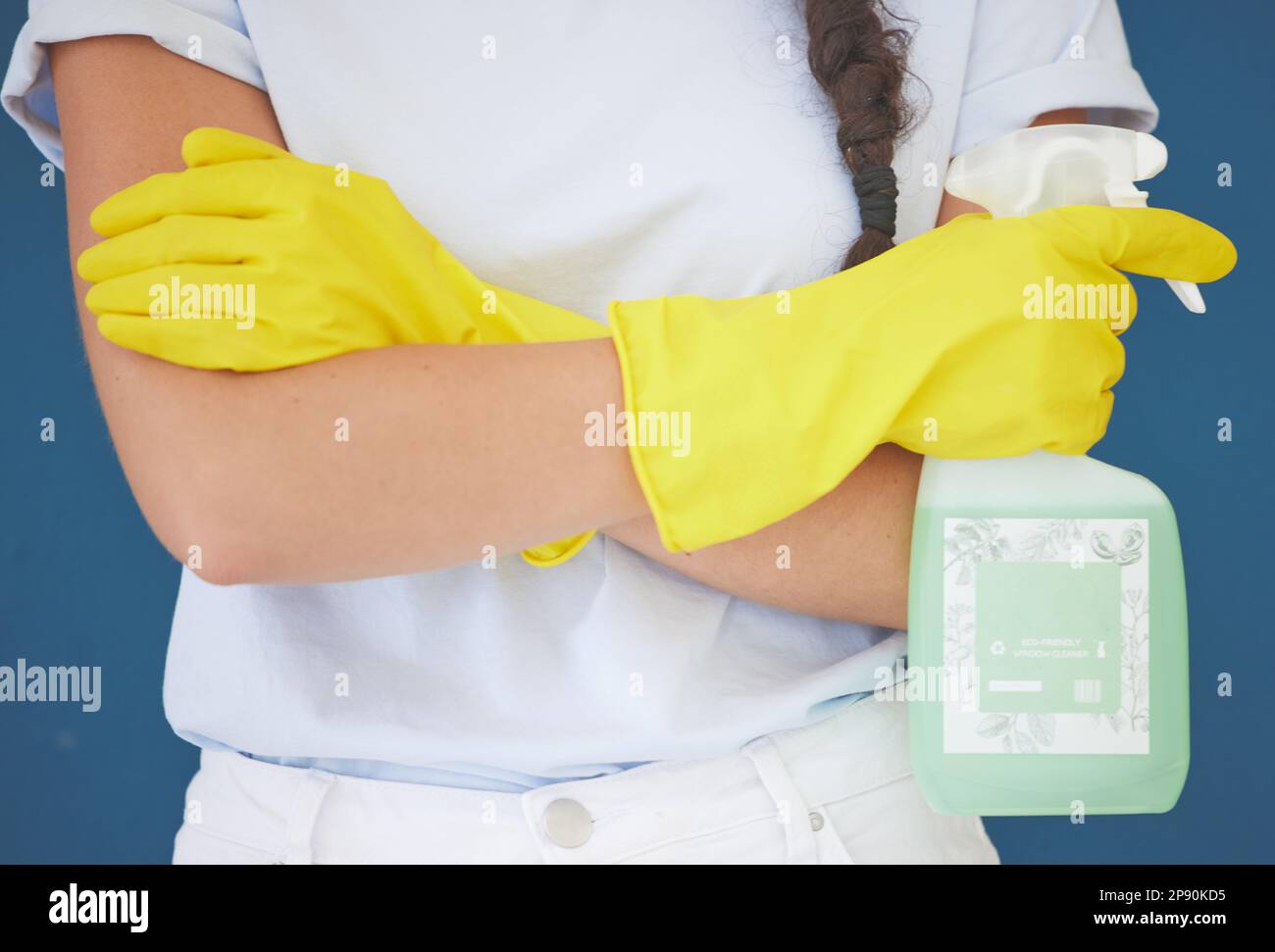 Cleaning woman and arms crossed with spray product for home hygiene and ...