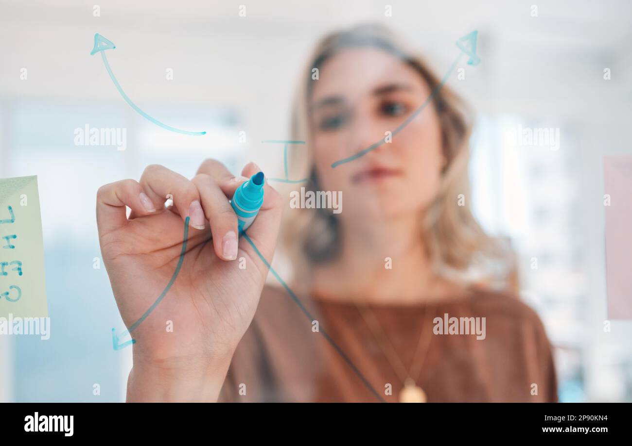 Strategy, idea and woman writing on glass board with blue marker ...