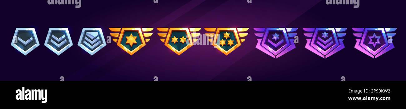 Army rank badges, gold military insignia signs. Game icons of golden ...