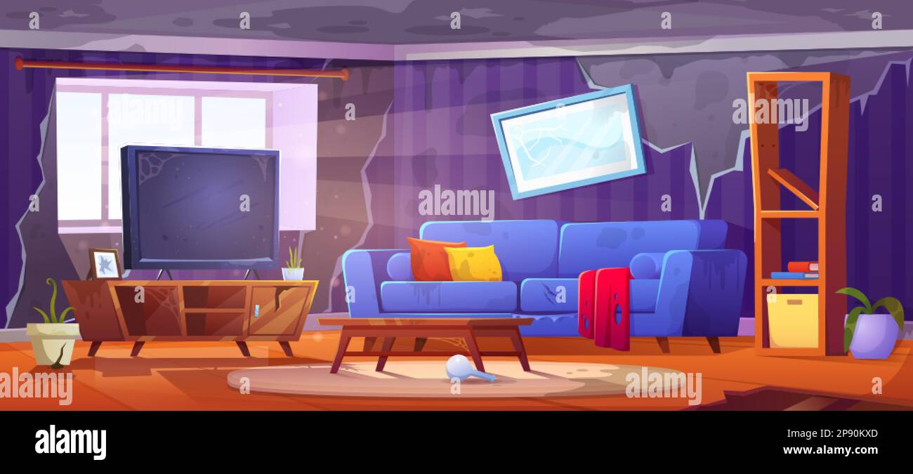 Abandoned messy living room interior with dirty sofa cartoon vector ...