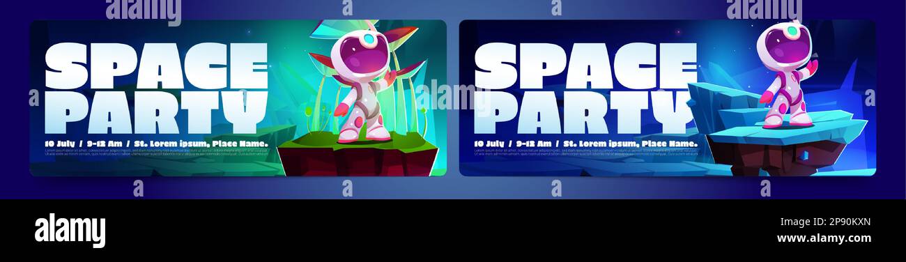Space party cartoon banners with cute kid astronaut on alien fantasy ...