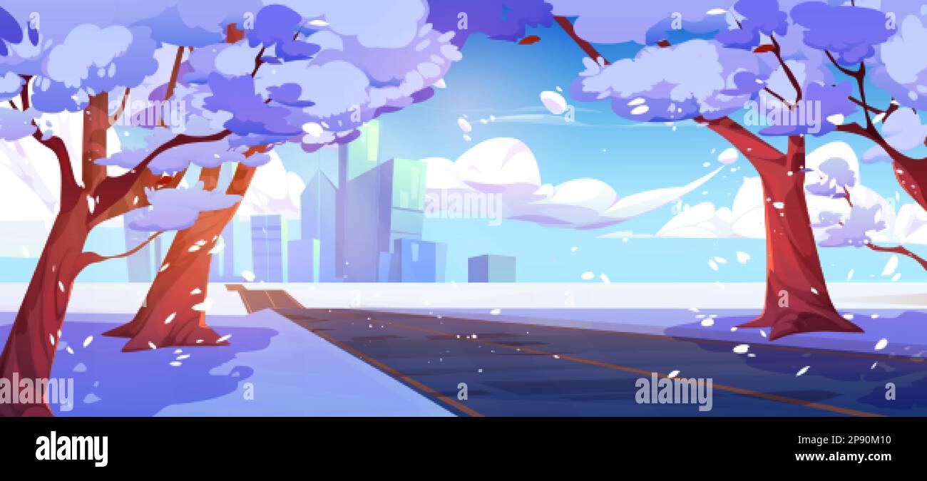 Winter snow on street city landscape. Empty route way to downtown and ...