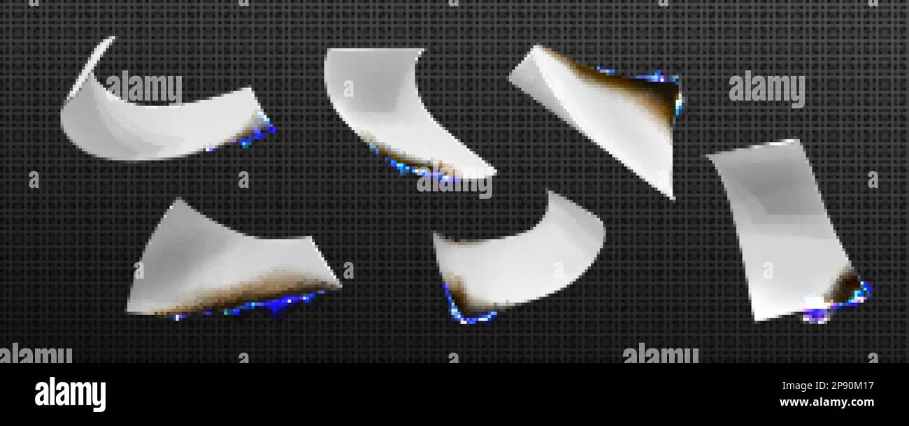 Burning paper sheets with blue fire and black scorched edges fly in air ...