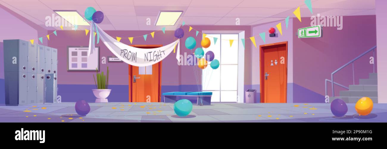 Mess in school hallway after prom night party. Vector cartoon ...