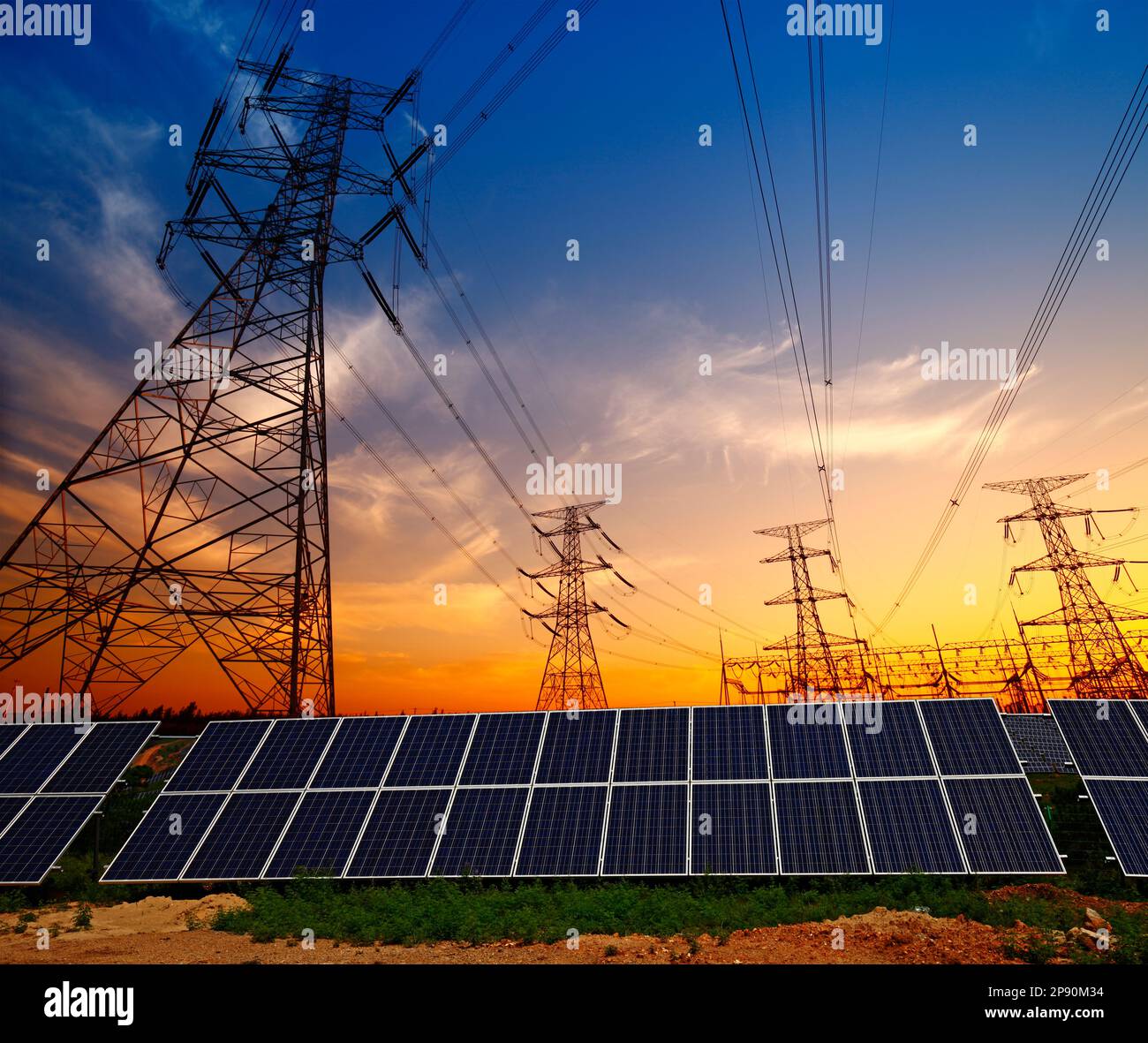 Solar panels and pylon, green environmental protection Stock Photo - Alamy