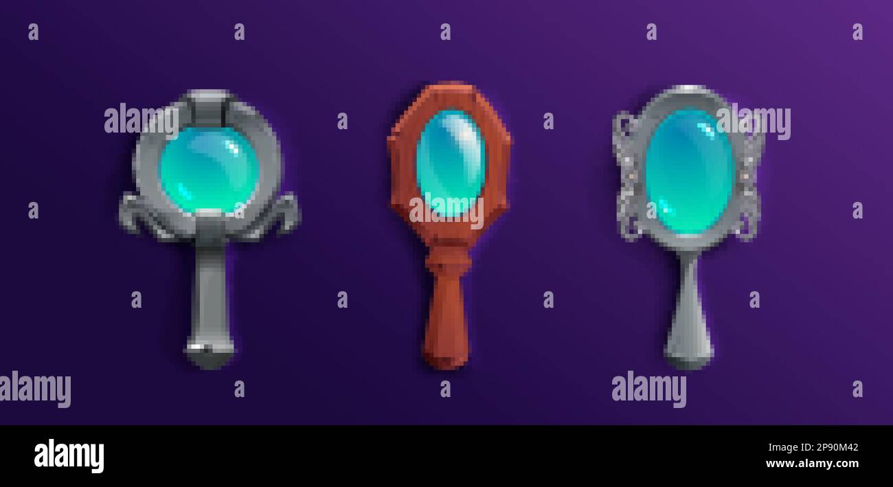 Set of cartoon hand mirrors in stone, wood and metal frames isolated on ...