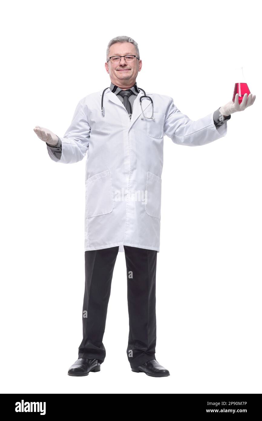 Doctor holding up beaker of red chemical in the laboratory Stock Photo ...