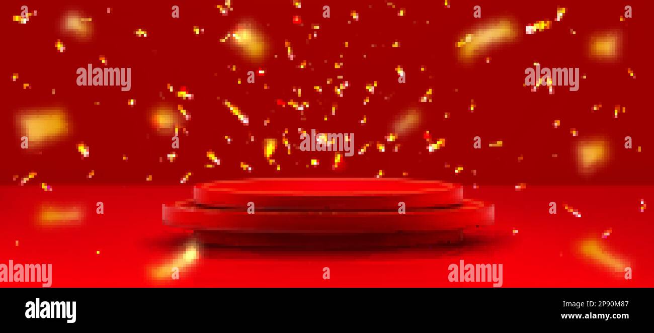 Red podium and golden confetti flying in air. Vector realistic ...