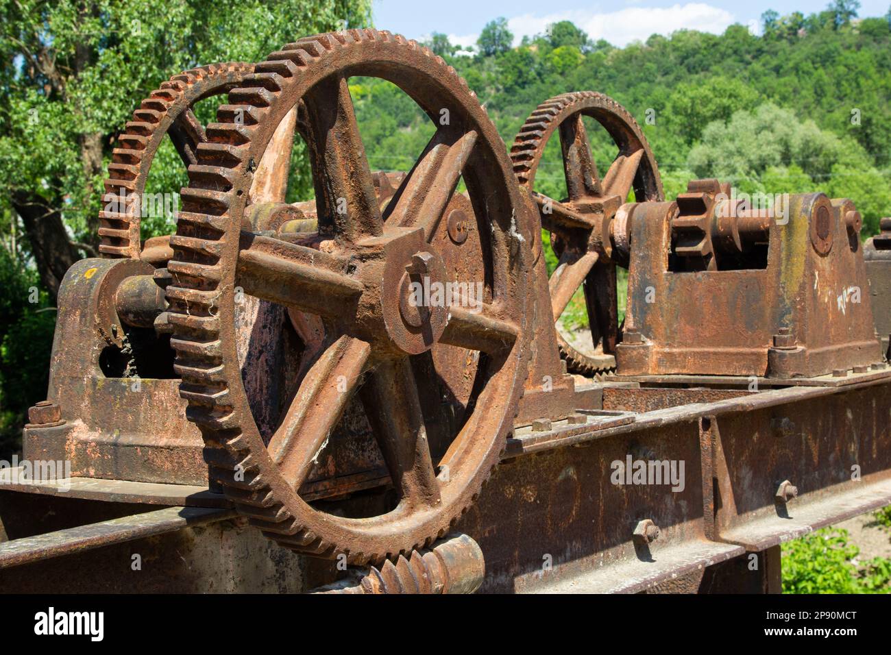 old mechanical metal gears mechanism on the abandoned dam Stock Photo ...