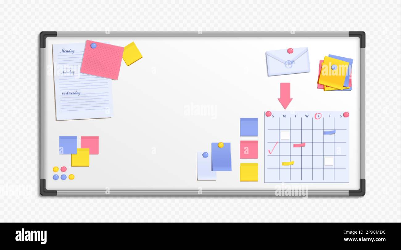 Realistic whiteboard for memo notes and planner isolated in vector ...