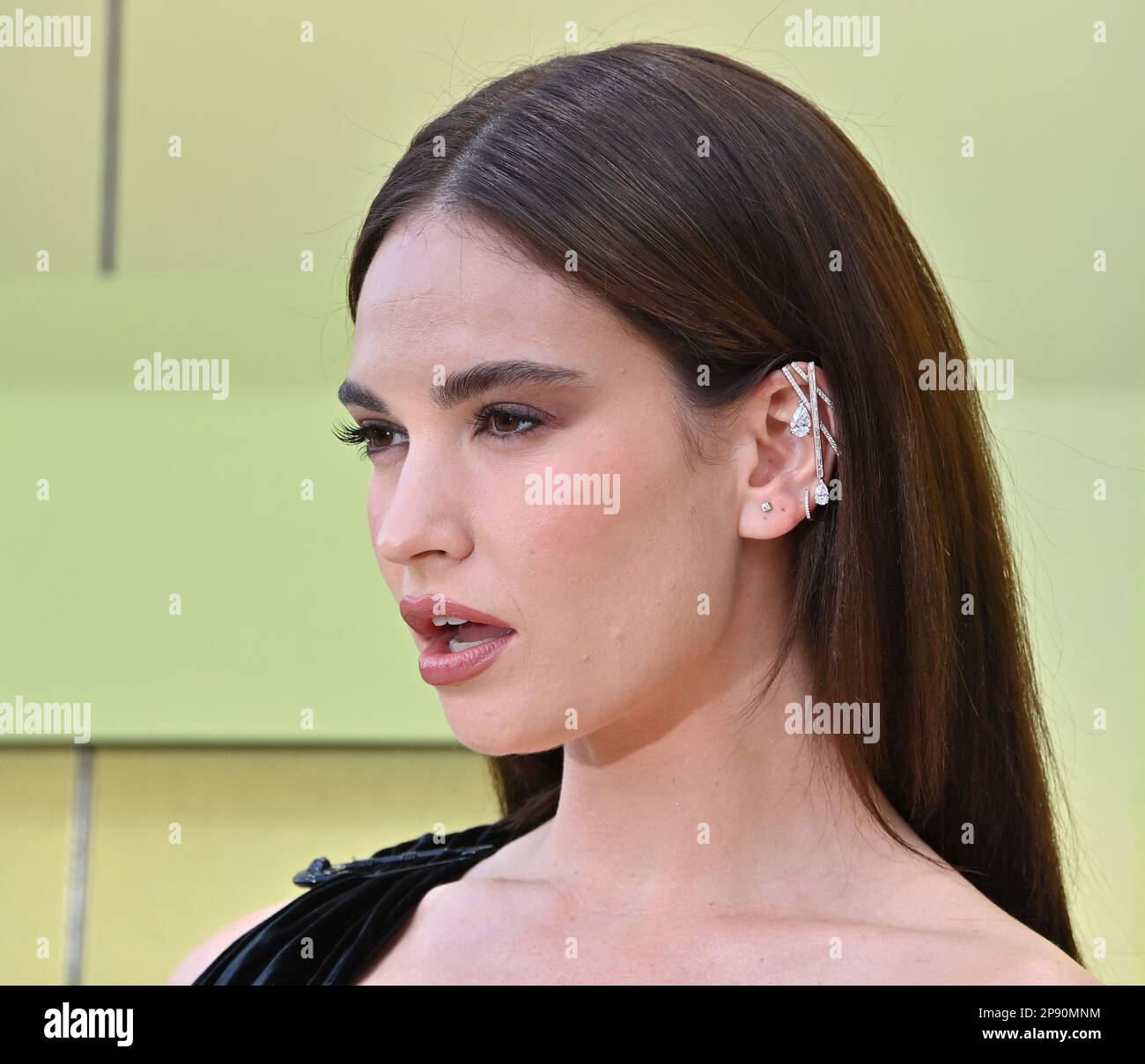 Lily James arriving at the Versace FW23 Show held at the Pacific Design Center on March 9, 2023 ...