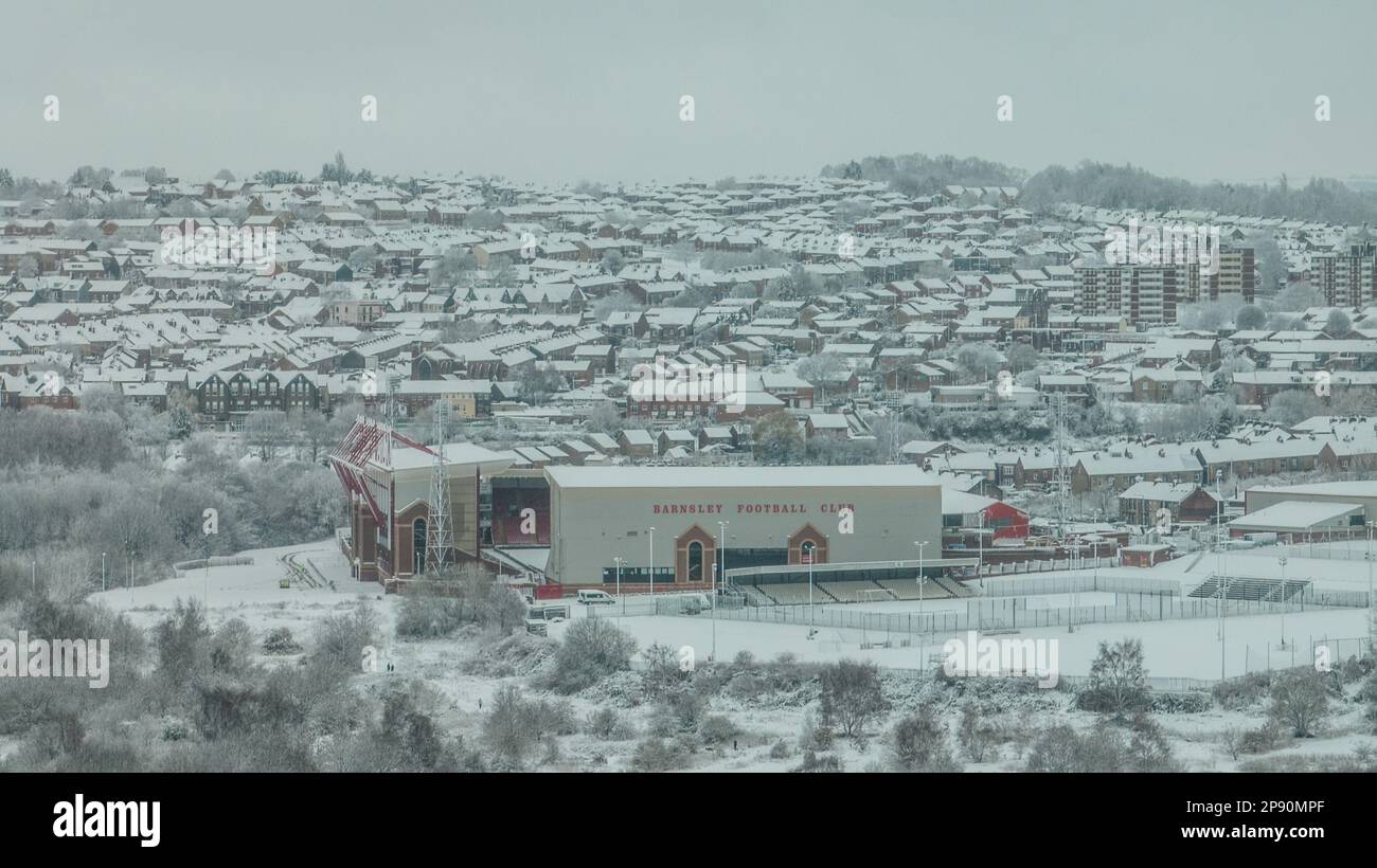 Oakwell the home of Barnsley FC covered in snow as a Yellow warning of ...