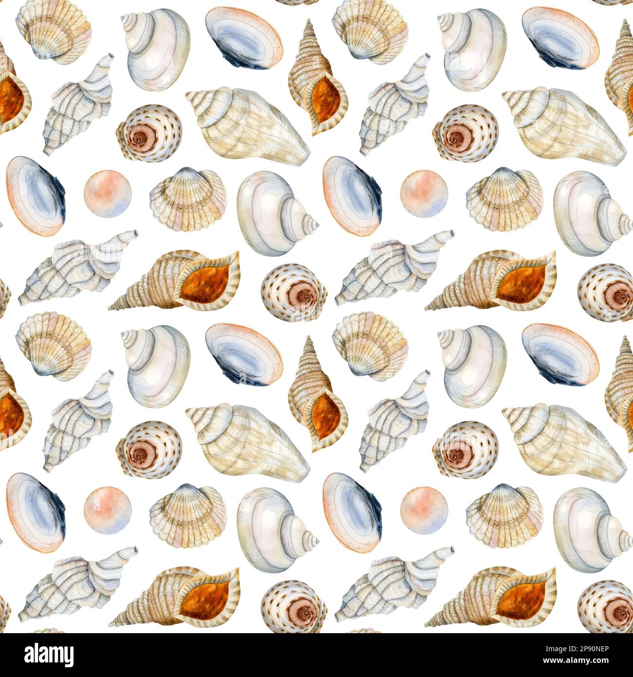 Watercolor seamless pattern with different seashells and pearls on ...