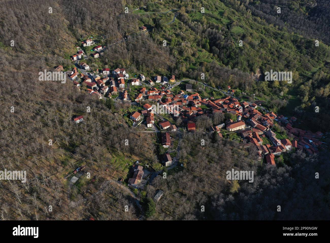 Aerial view of Sassalbo village hamlet of the town of Fivizzano, in the ...