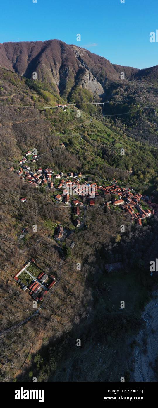 Aerial view of Sassalbo village hamlet of the town of Fivizzano, in the ...