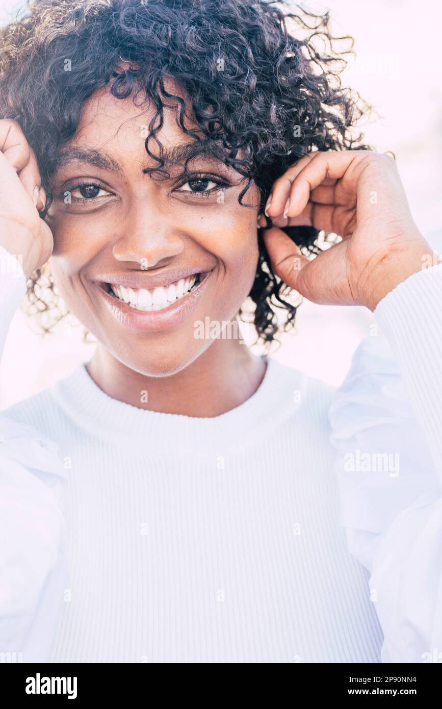 Front headshot portrait of beautiful young black afro model girl ...