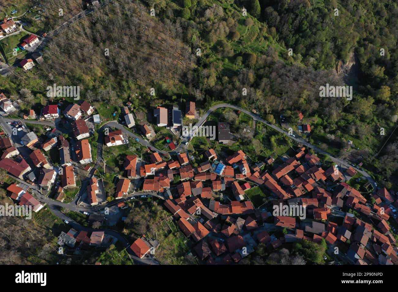 Aerial view of Sassalbo village hamlet of the town of Fivizzano, in the ...