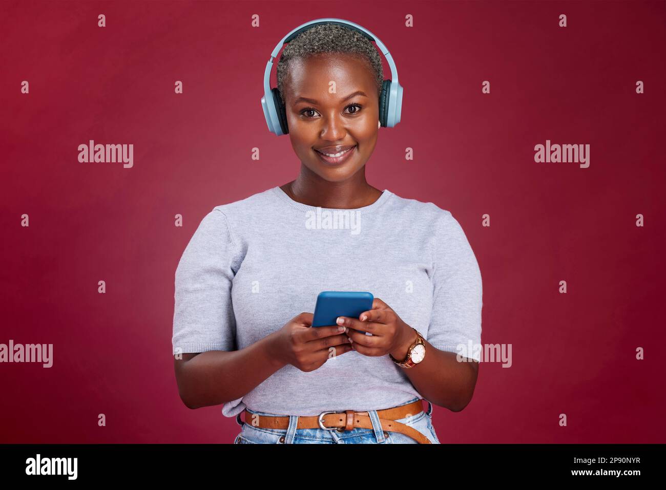 Happy black woman, phone or headphones for music, podcast or listening ...