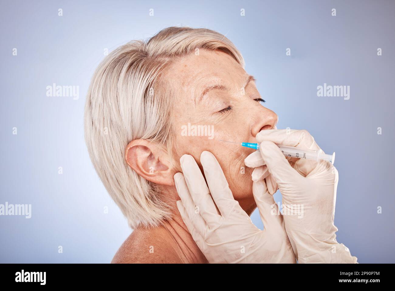 Botox, beauty and senior woman in a studio with a beautician for ...