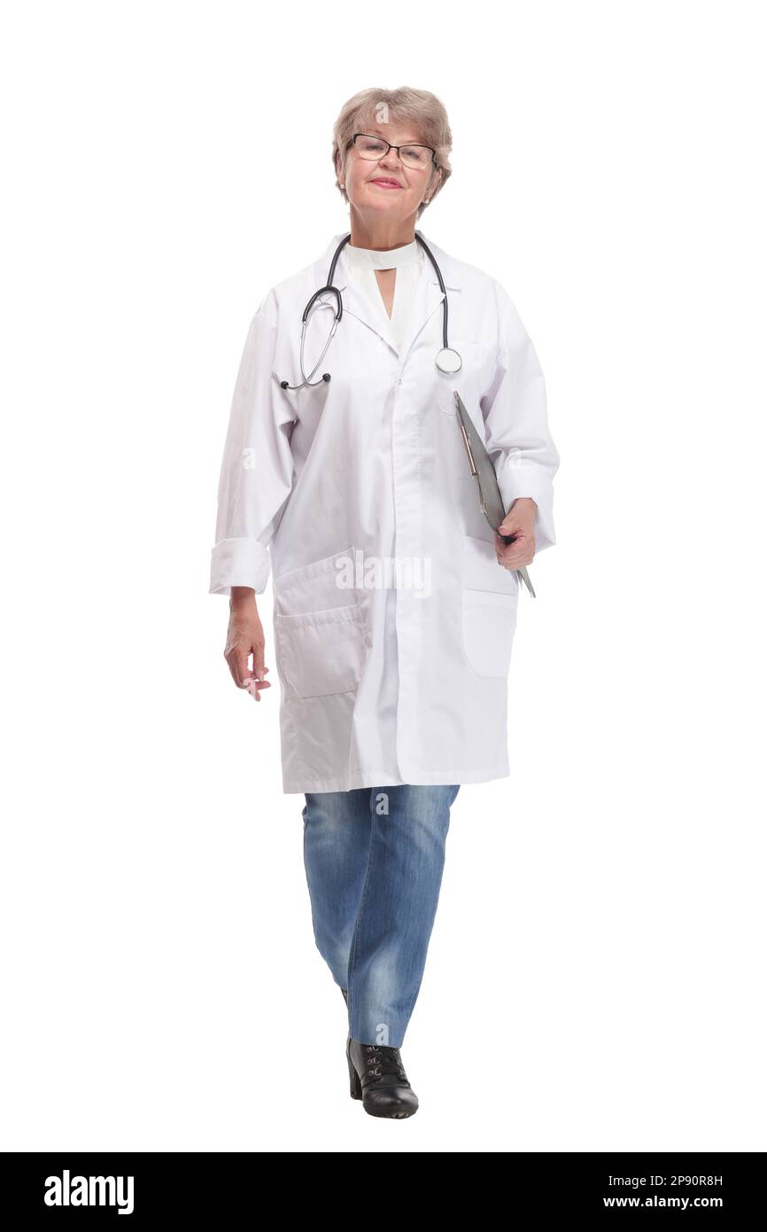 Front view of nice female doctor holding clipboard smiling Stock Photo ...