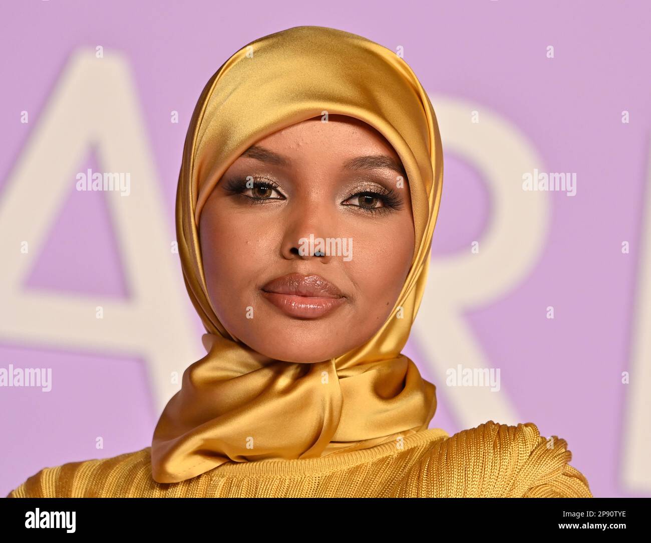 Hollywood, CA. March 9, 2023, Halima Aden arriving at the Green Carpet Fashion Awards held at ...