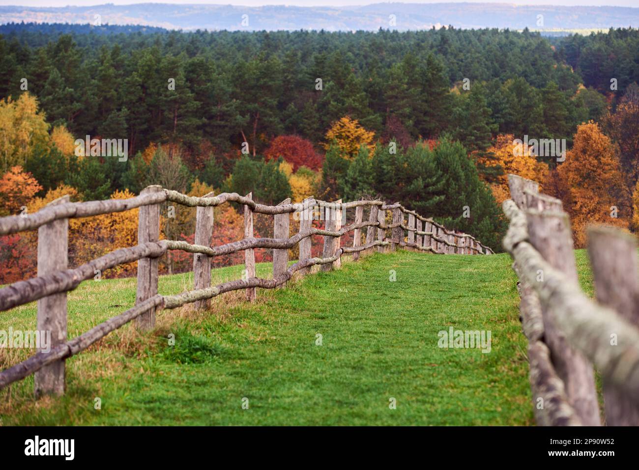 The road to the top of the mountain is fenced with wooden handrails ...