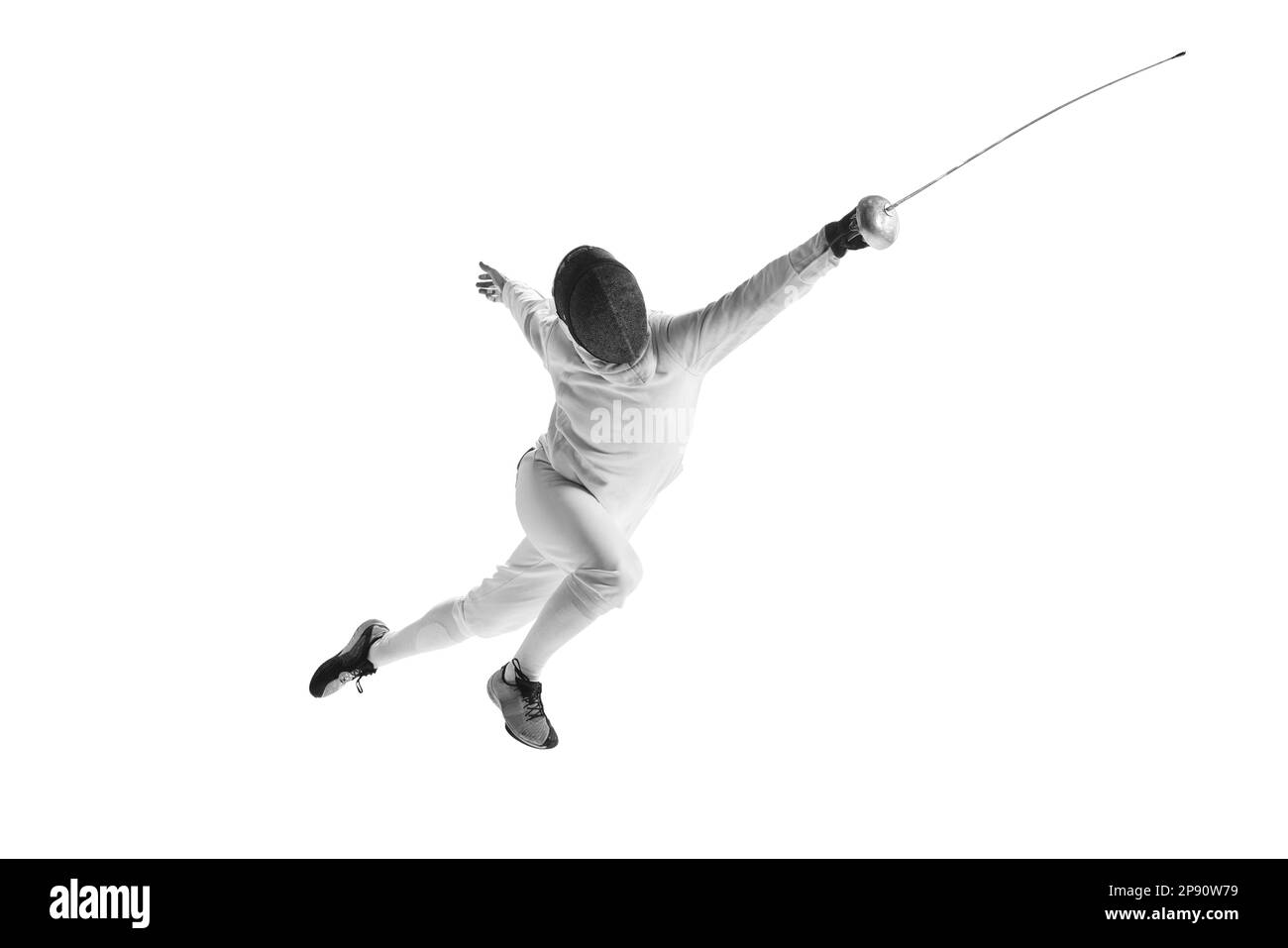 Full-length portrait of sportive man, professional fencer in fencing ...