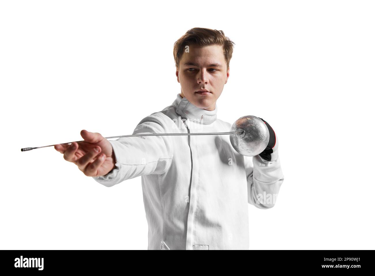 Young man, male fencer in fencing costume mask standing with sword over ...