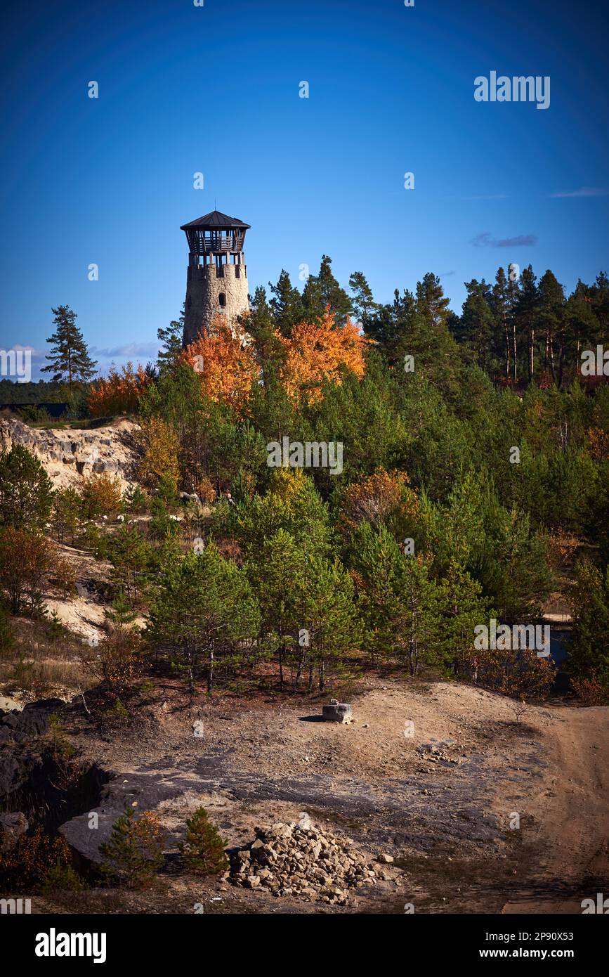 View of the stone lookout tower in the quarry located in Józefów in ...