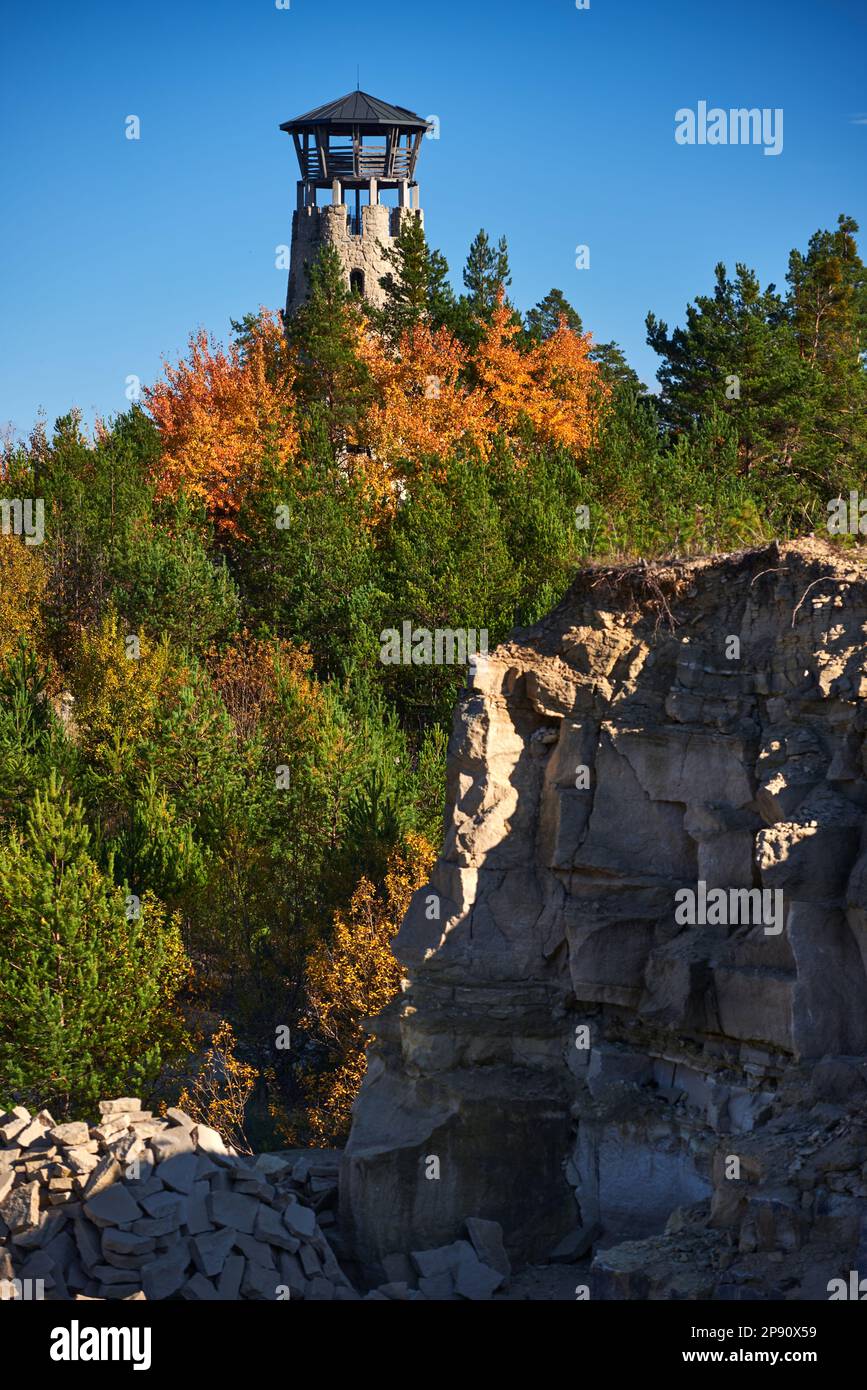 View of the stone lookout tower in the quarry located in Józefów in ...