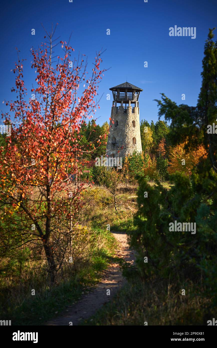 View of the stone lookout tower in the quarry located in Józefów in ...