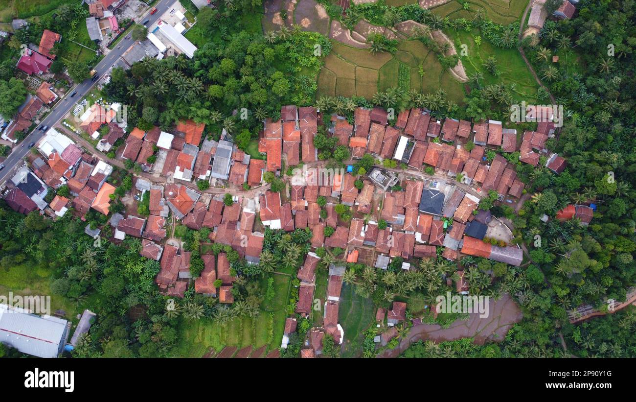 Drone photos from above view of beautiful village houses. Surrounded by ...