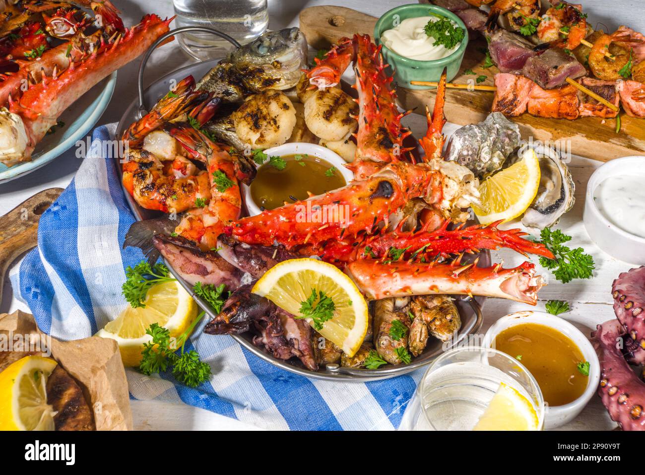 Assortment various barbecue Mediterranean grill food - fish, octopus ...