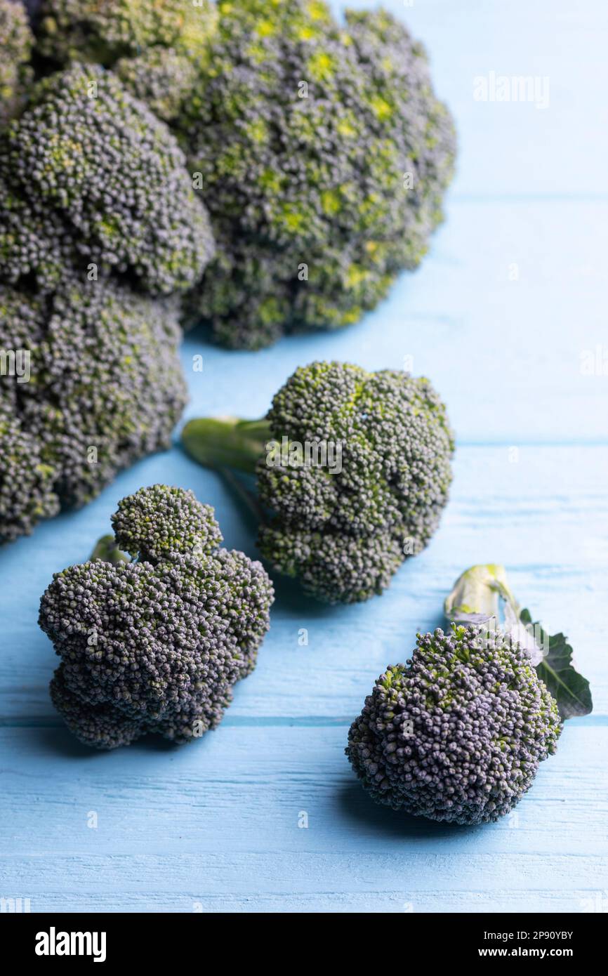 broccoli on a blue background. summer harvest Stock Photo - Alamy