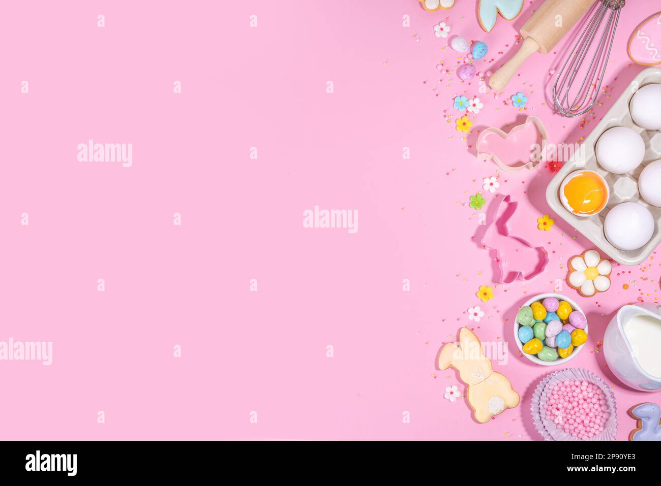 Cute pink sweet baking flat lay for Easter holiday. Cooking background ...