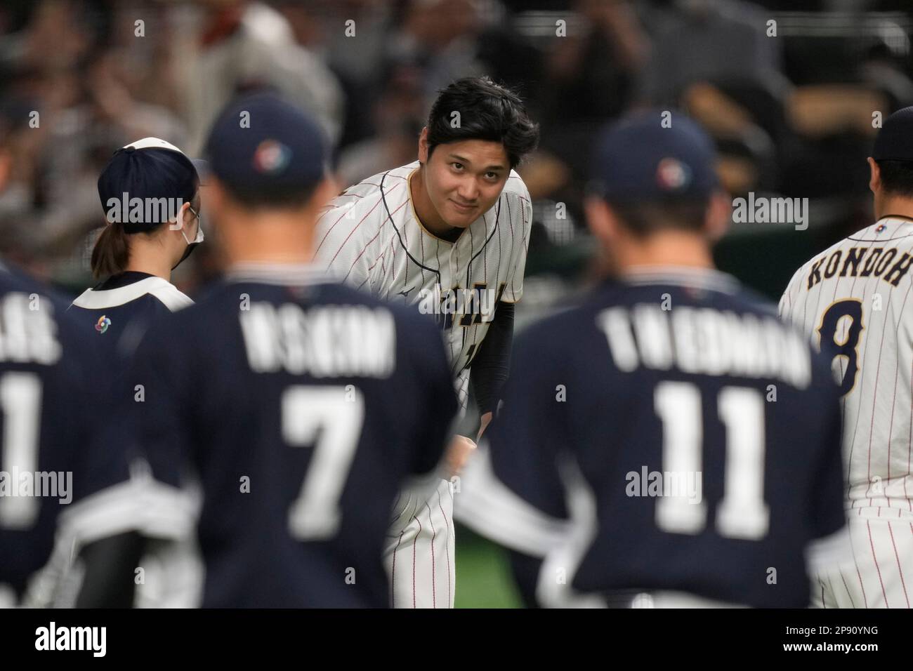 Japan's Shohei Ohtani greets ahead of the first round Pool B game between South Korea and Japan ...