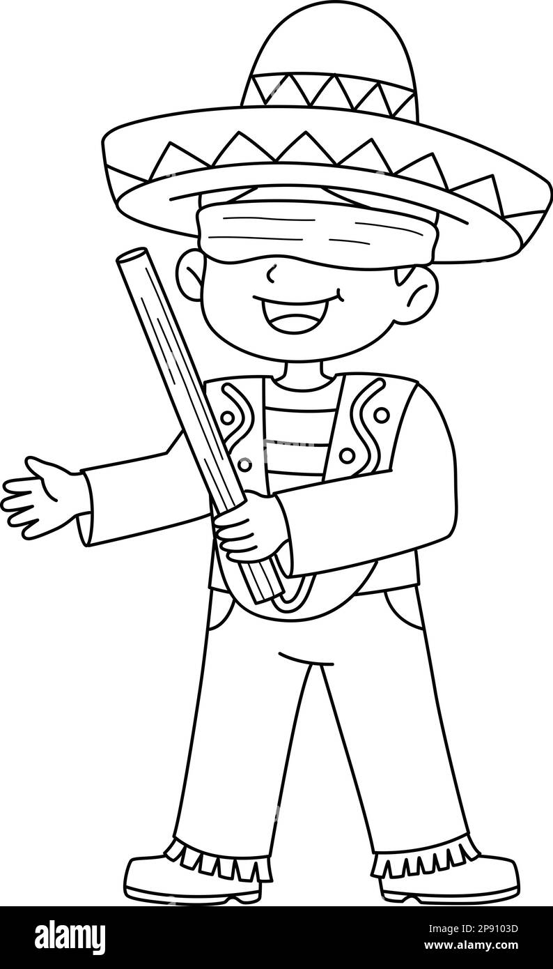 Mexican Boy Holding Pinata Stick Isolated Coloring Stock Vector Image ...