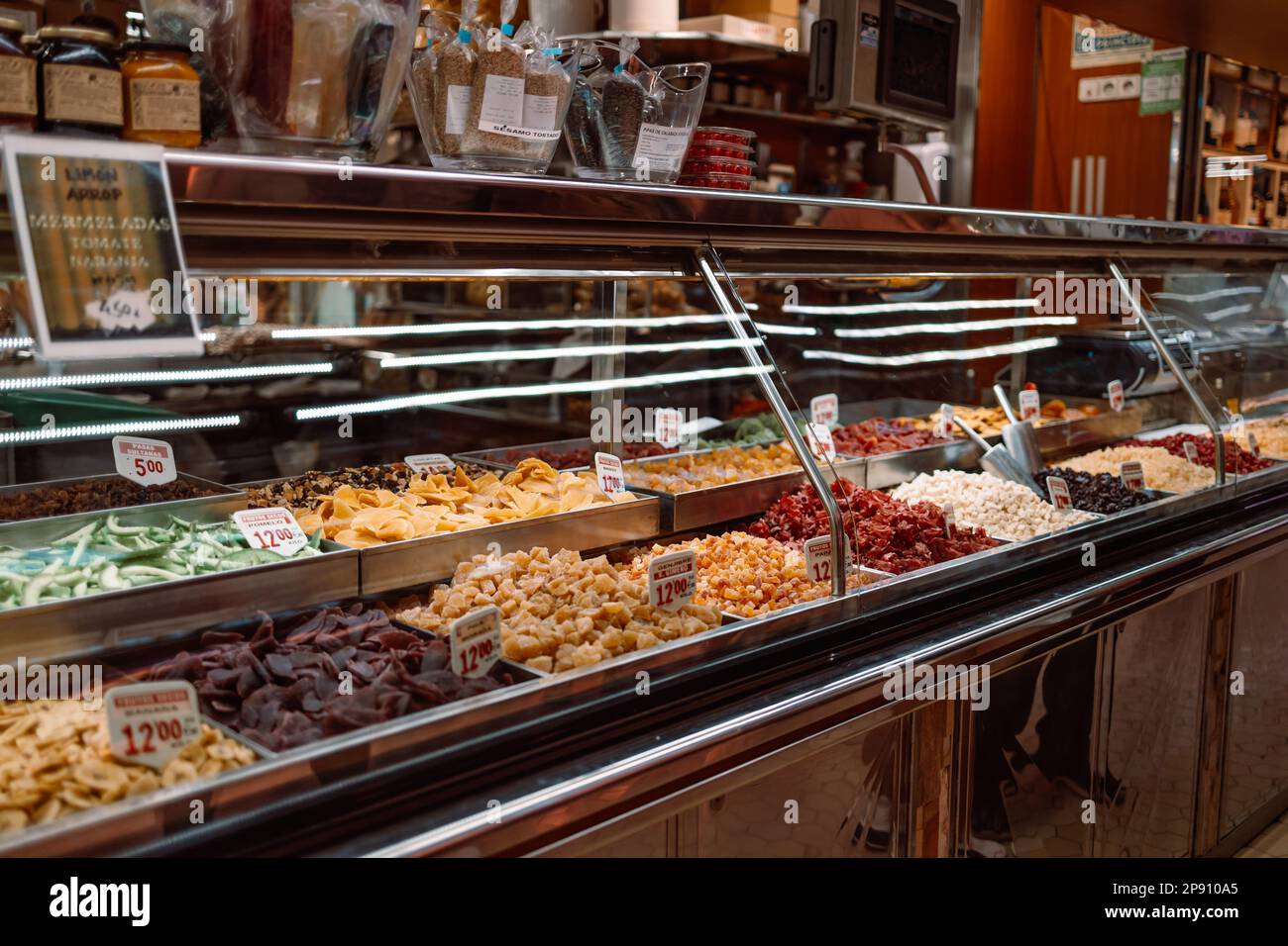 La Boqueria. Massive stall full of different dried fruits and nuts ...