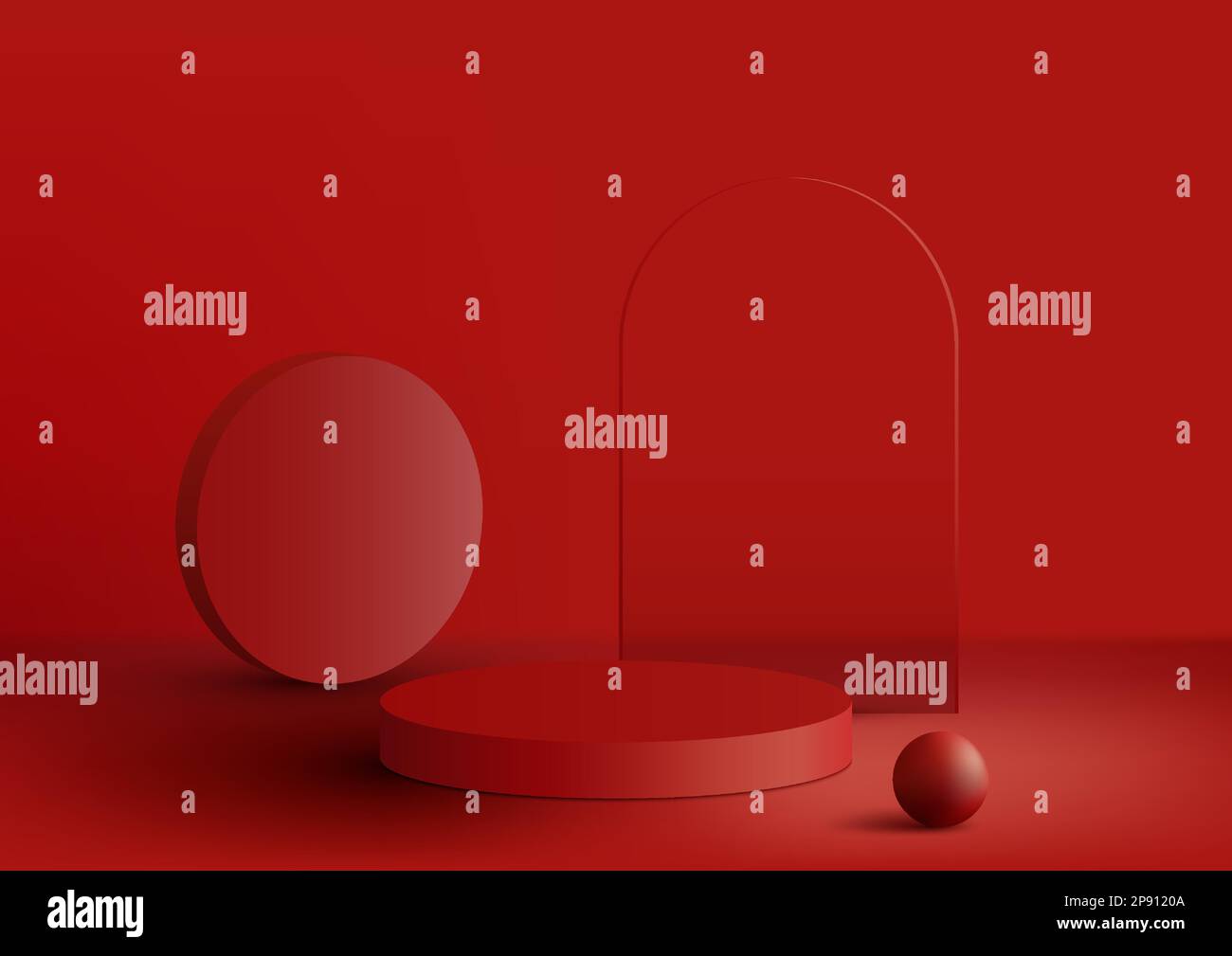 3D realistic modern red cylinder podium stand with geometric shapes ...