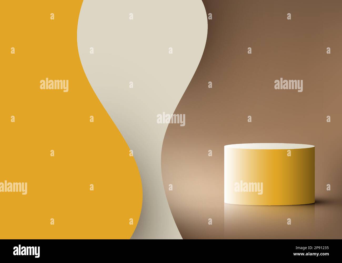 3D realistic yellow podium stand with yellow wave shape layered paper ...