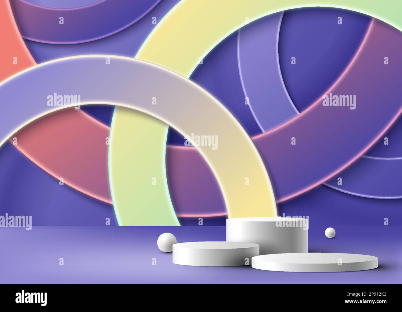 3D realistic group of white podium platform stand decoration with white balls and abstract ...