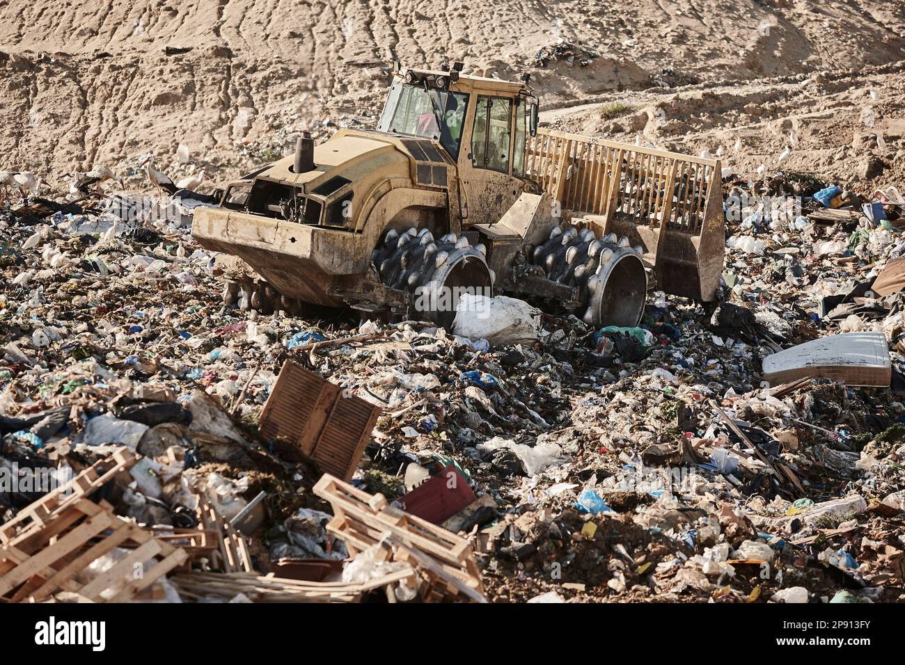 Heavy machinery shredding garbage in an open air landfill. Waste Stock ...