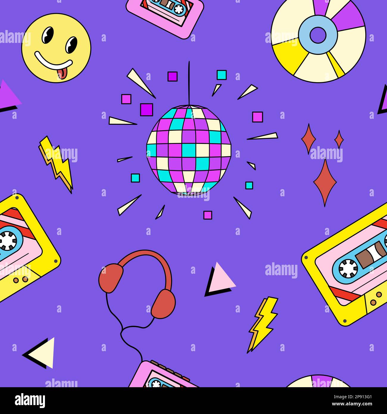 Seamless pattern with old fashioned disco ball, cassette, player, retro ...