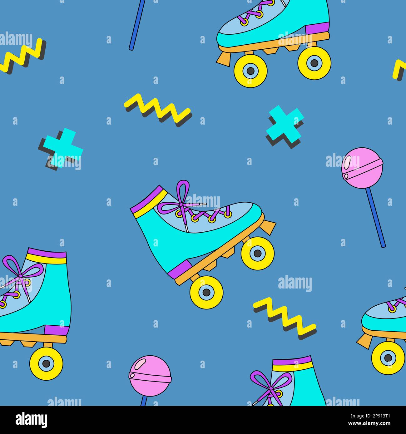 Seamless pattern with retro roller skates, lolly pop and geometric ...